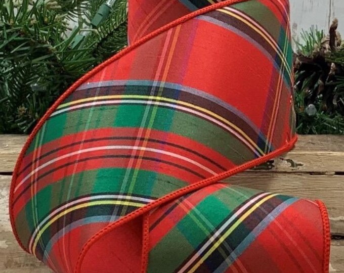 D Stevens, 10 Yards, 4 Inch Wire Ribbon, Holiday Plaid Ribbon, Red ...