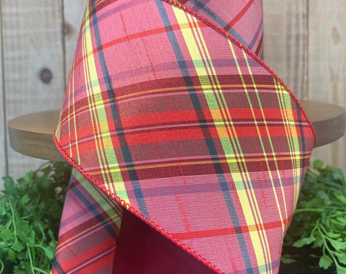 10 Yards, 4 Inch Wired Ribbon, Fire Red Plaid Ribbon, Pink Plaid Ribbon ...