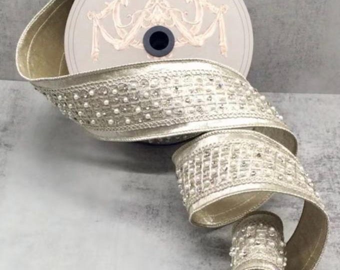 D Stevens, 10 Yards, 2.5 Inch Wire Ribbon, Pearl Jewel Ribbon, Pearl ...