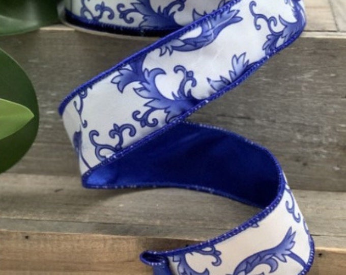 D Stevens, 10 Yards, 1 Inch Wired Ribbon, Chinoiserie Ribbon, Royal ...