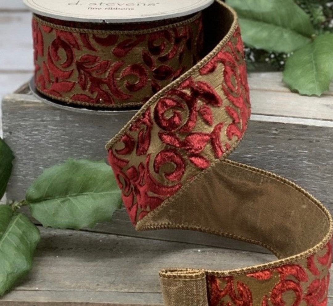 D Stevens,10 Yards, 2" Wired Ribbon, Devore Leaves Ribbon, Burgundy ...