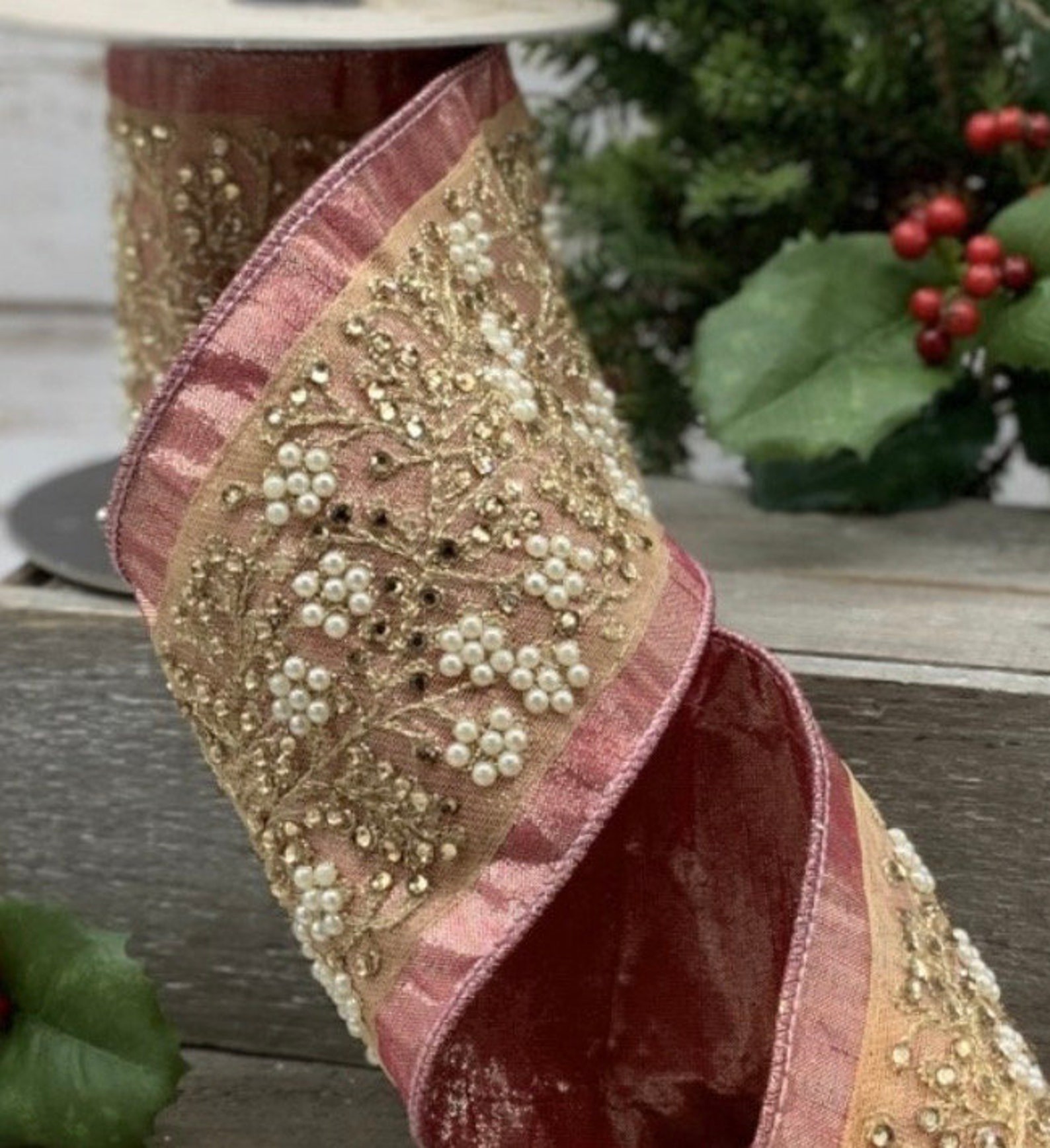 D Stevens, 5 Yards, 4 Inch Wired Ribbon, Pearly Floral Ribbon, Pearly ...