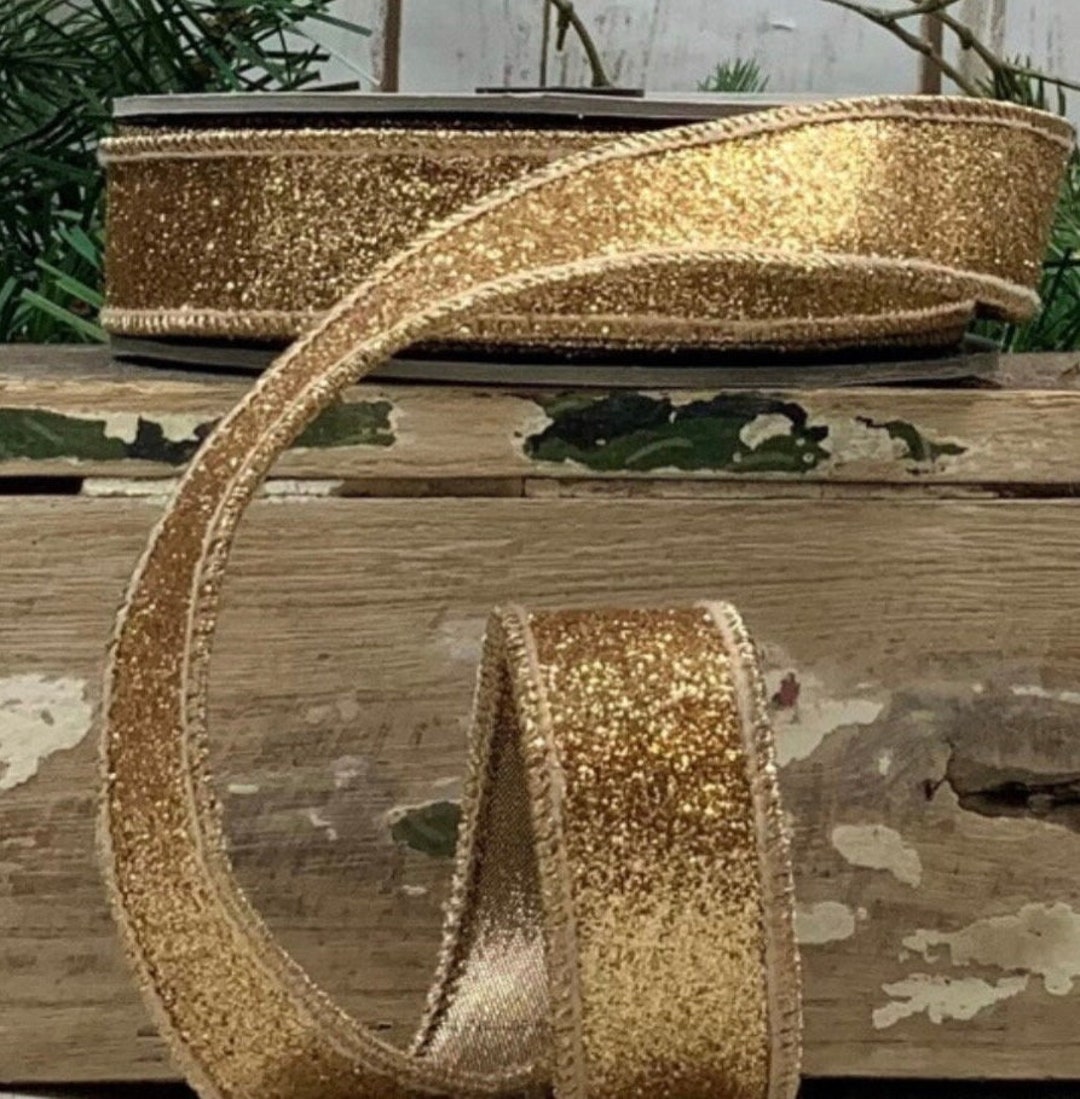 D Stevens, 10 Yards, 1 Inch Wired Ribbon, Gold Glitter Ribbon, Gold ...