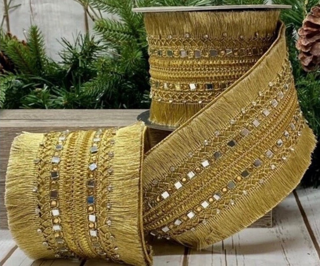 D Stevens, 5 Yards, 4 Inch Wired Ribbon, Gold Fringe Ribbon, Fringe ...