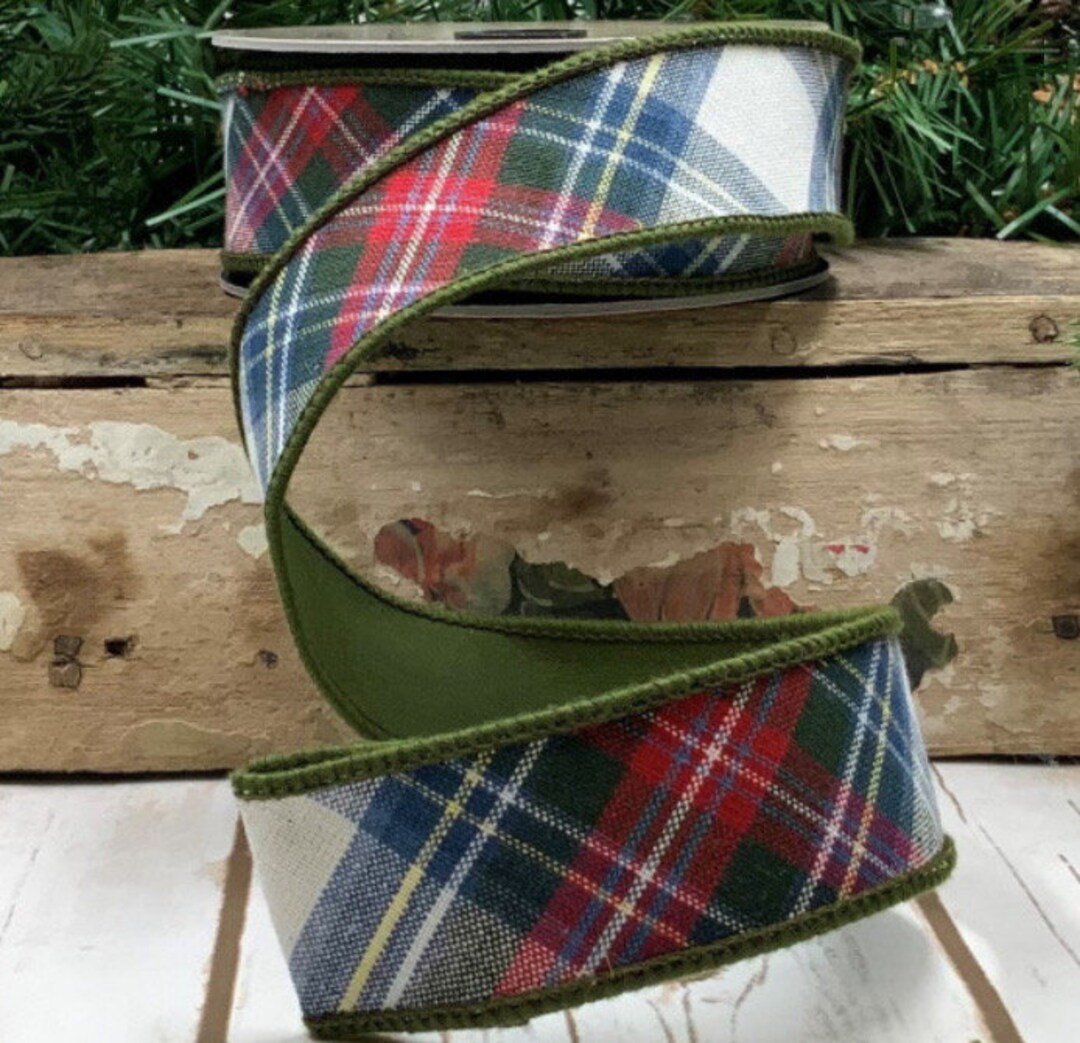 D Stevens, 10 Yards, 1.5 Inch Wired Ribbon, Murray Plaid Ribbon, Moss ...