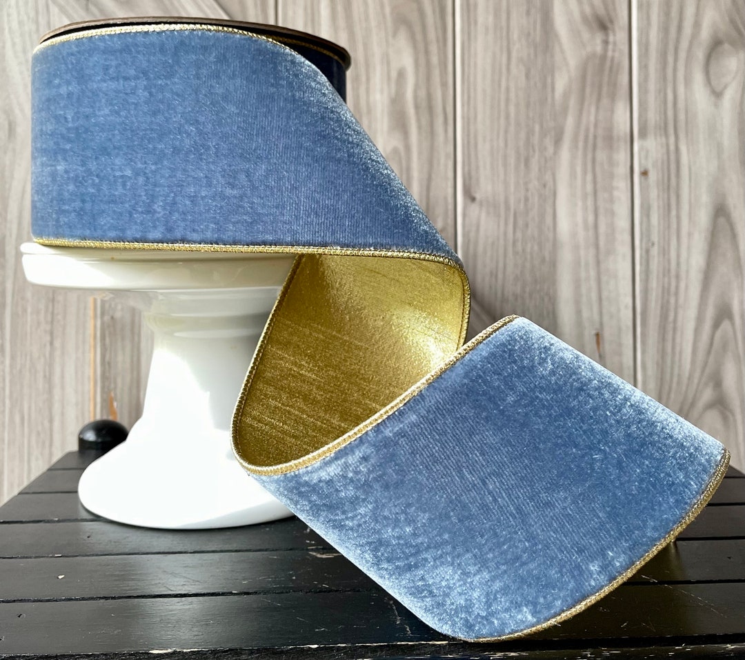 D Stevens, 10 Yards, 4 Inch Wired Ribbon, Blue Velvet Ribbon, Dusty ...