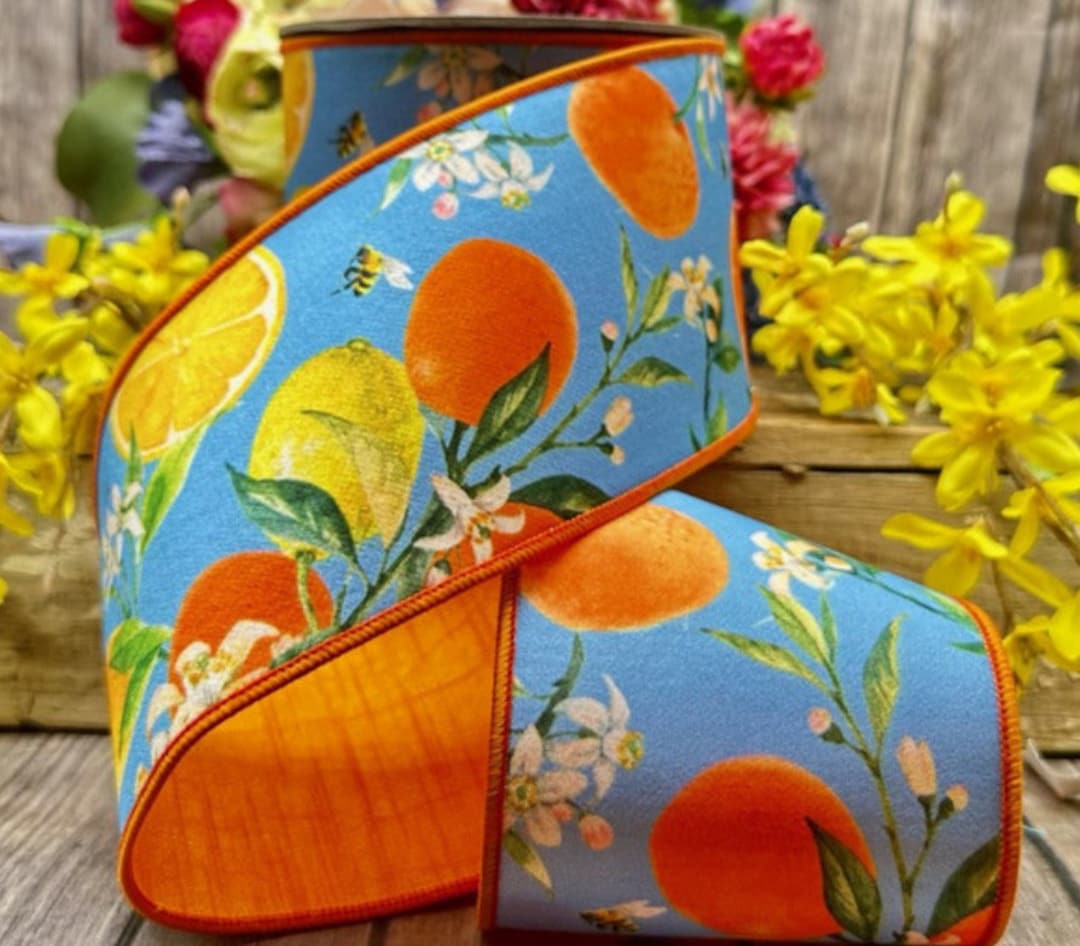 D Stevens, 10 Yards, 4 Inch Wired Ribbon, Citrus Bloom Ribbon, Blue ...