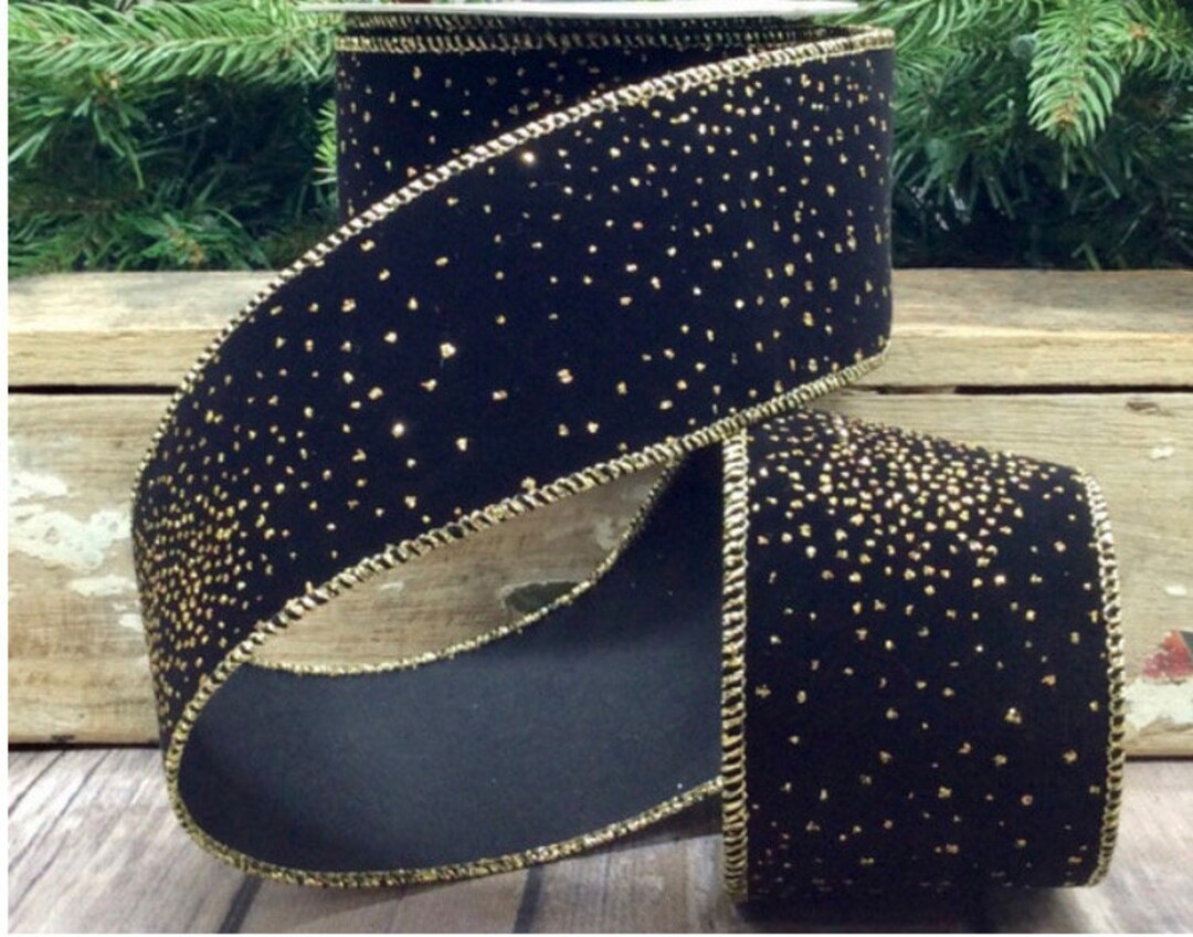 D Stevens, 10 Yards, 2.5 Inch Wired Ribbon, Black Velvet Ribbon, Gold ...