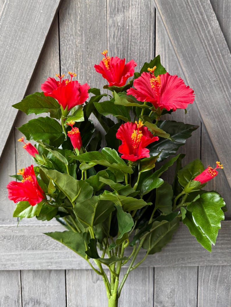 Faux Hibiscus Bush - Red, Tropical Spray, Wedding Florals, Floral ...