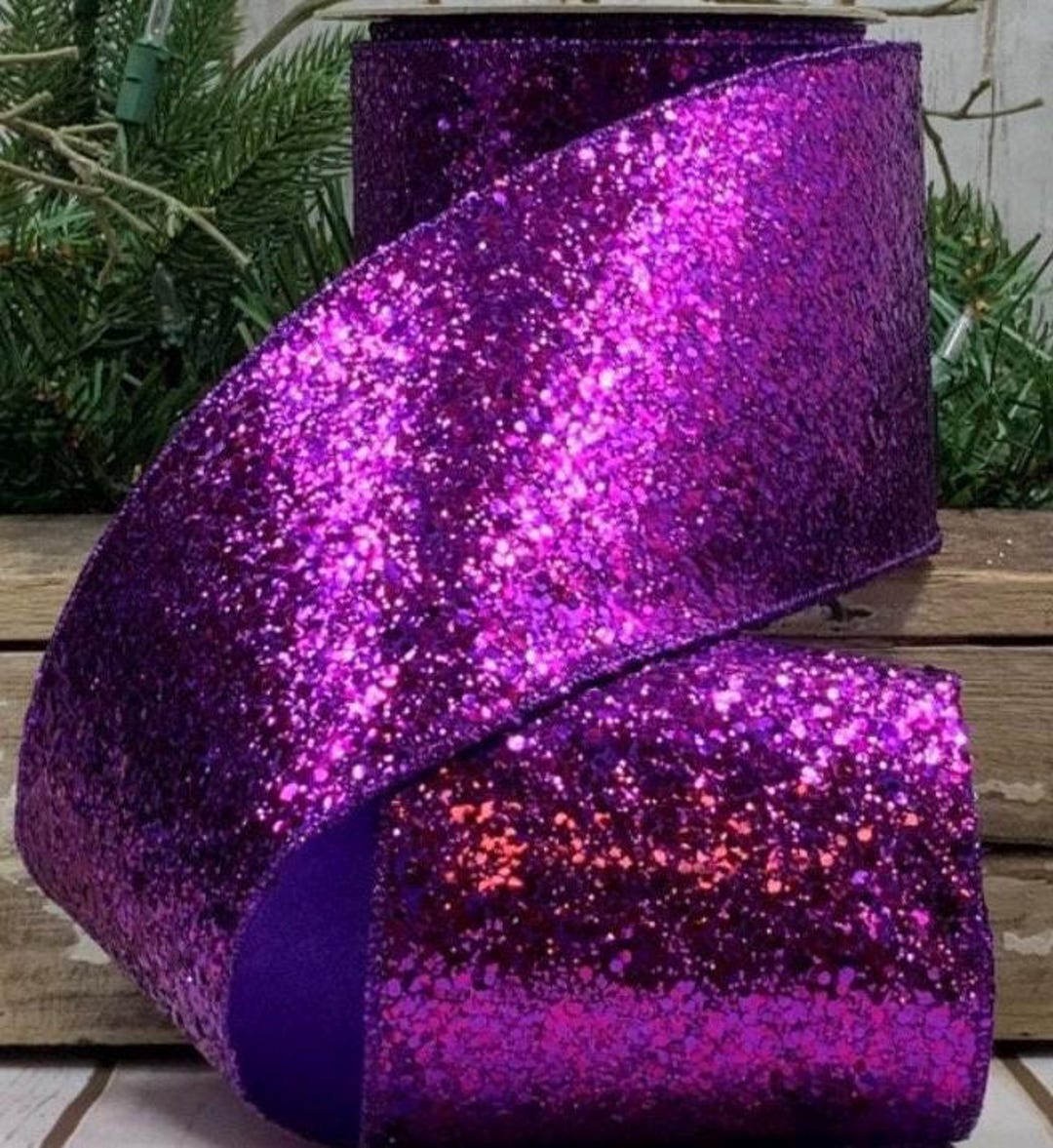 D Stevens, 10 Yards, 4 Inch Wire Ribbon, Purple Glitter Ribbon, Glitter ...
