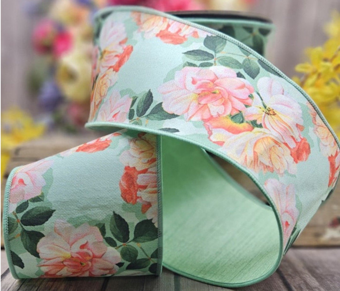 D Stevens, 10 Yards, 4 Inch Wired Ribbon, Garden Roses Ribbon, Floral ...