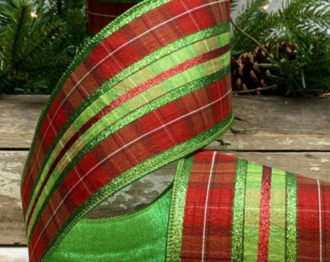 D Stevens, 5 Yards, 4 Inch Wired Ribbon, Plaid Glitter Ribbon, Green ...
