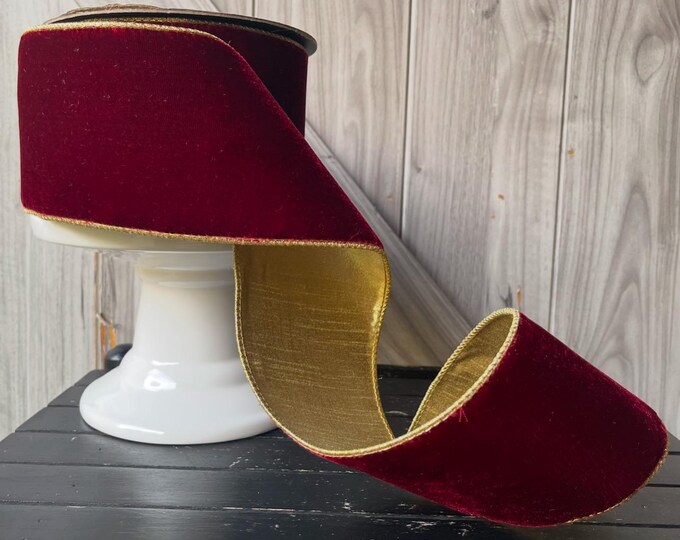 Ruby Velvet D Stevens Ribbon: 4 Inch Wired Burgundy and Gold, 10 Yards ...