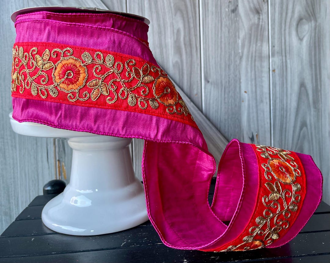 10 Yards, 4 Inch Wired Ribbon, Floral Garden Ribbon, Hot Pink Ribbon ...