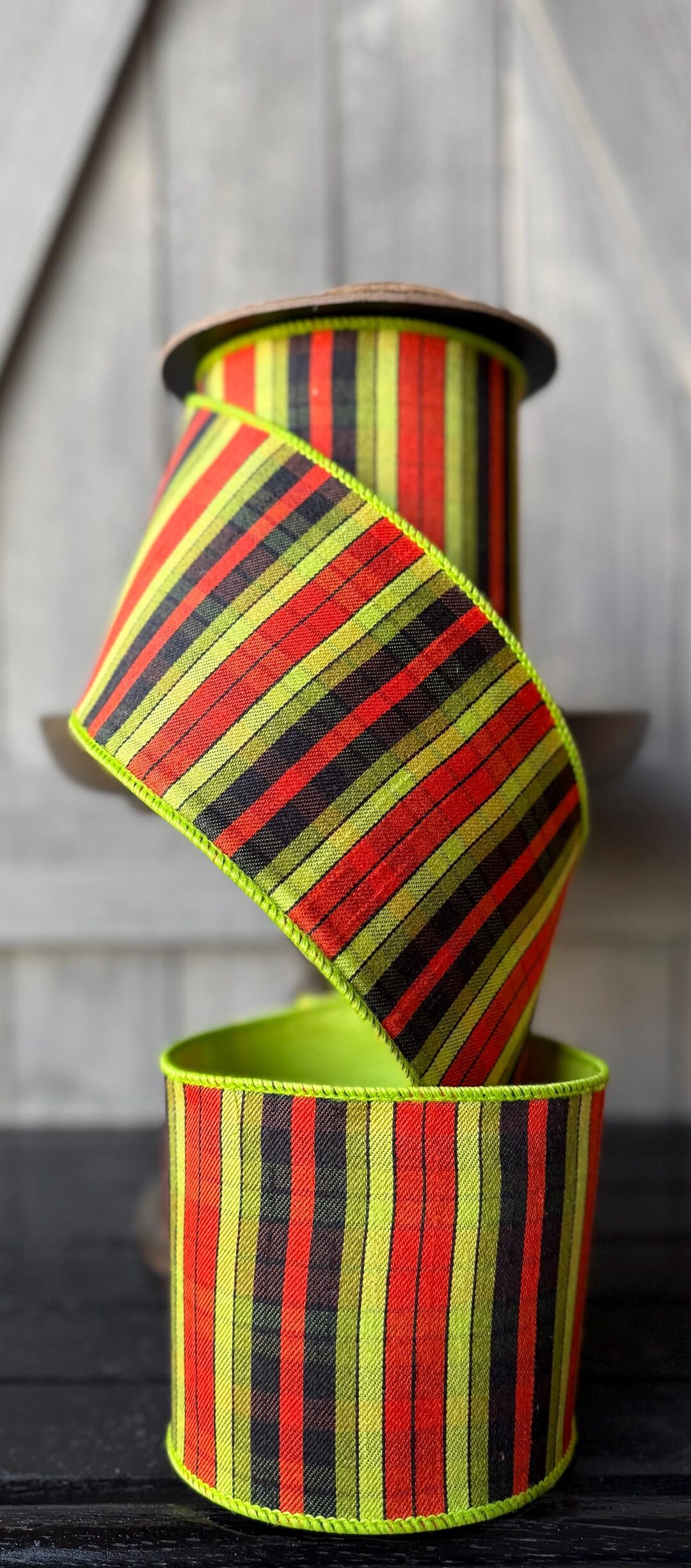 Solar Flare Stripe Lime Green Fused Back D Stevens Wired Ribbon, 4 Inch ...