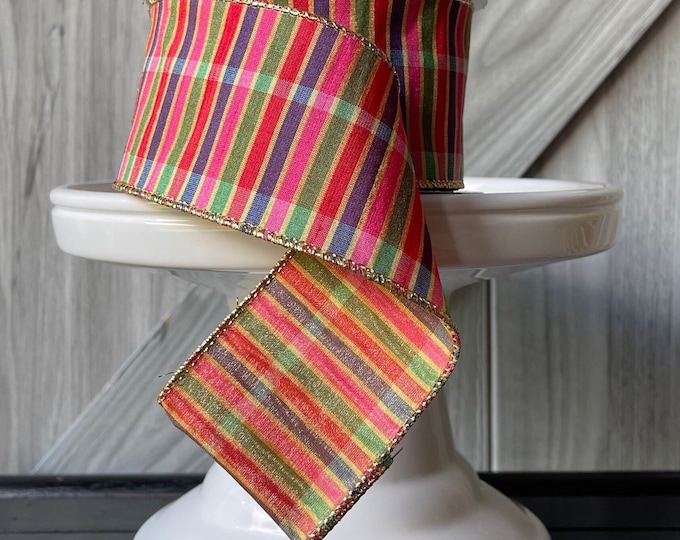 10 Yards, 2.5 Inch Wired Ribbon, Cambridge Stripe Ribbon, Beige Ribbon ...