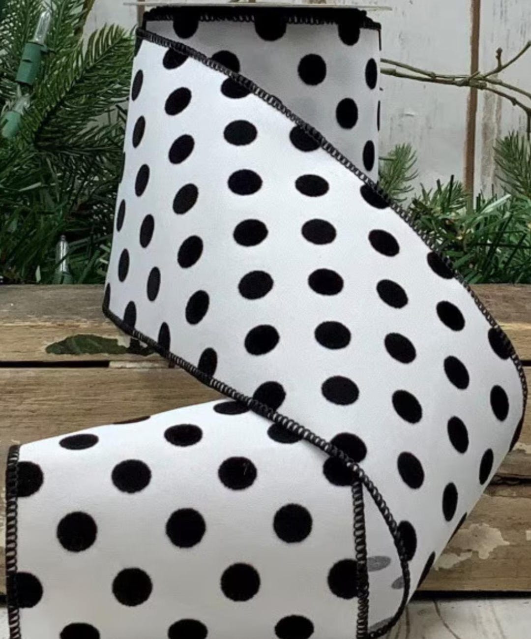 D Stevens, 10 Yards, 4 Inch Wire Ribbon, Black Dot Ribbon, White Ribbon ...