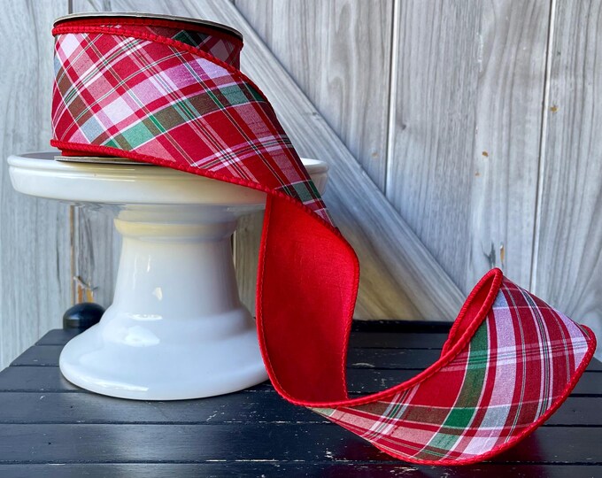 D Stevens, 10 Yards, 2.5 Inch Wired Ribbon, Holiday Plaid Ribbon, Red ...