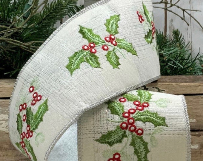 D Stevens, 5 Yards, 4 Inch Wired Ribbon, Holly Ribbon, Embroidered ...