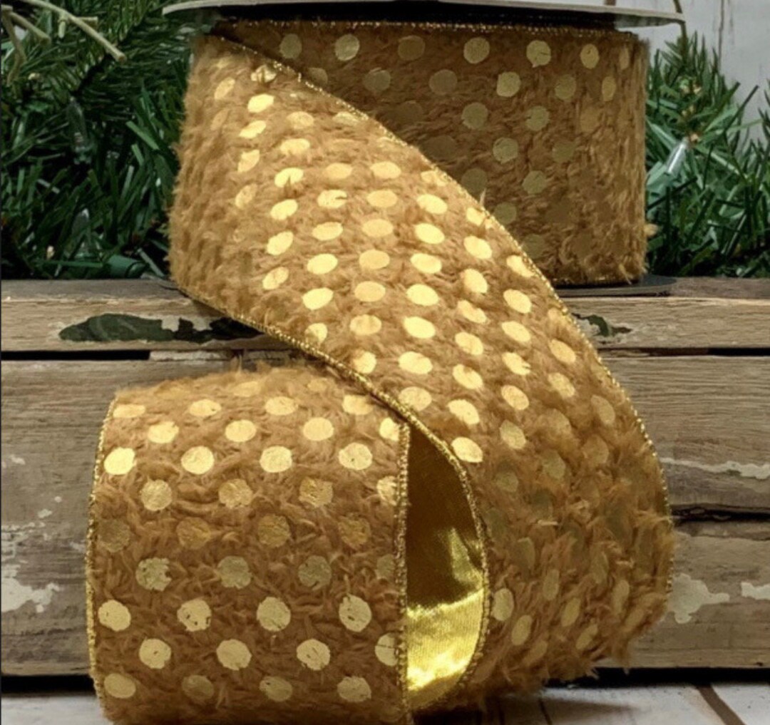 D Stevens, 10 Yards, 2.5 Inch Wired Ribbon, Faux Fur Ribbon, Gold Dot ...