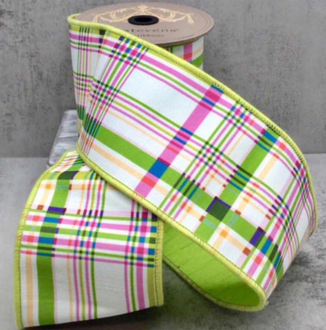 D Stevens, 10 Yards, 4 Inch Wired Ribbon, Colorful Plaid Ribbon, Green ...