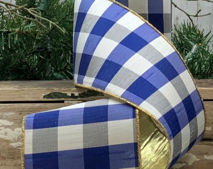 10 Yards, 4 Inch Wired Ribbon, Check Wired Ribbon, Royal Blue Ribbon ...