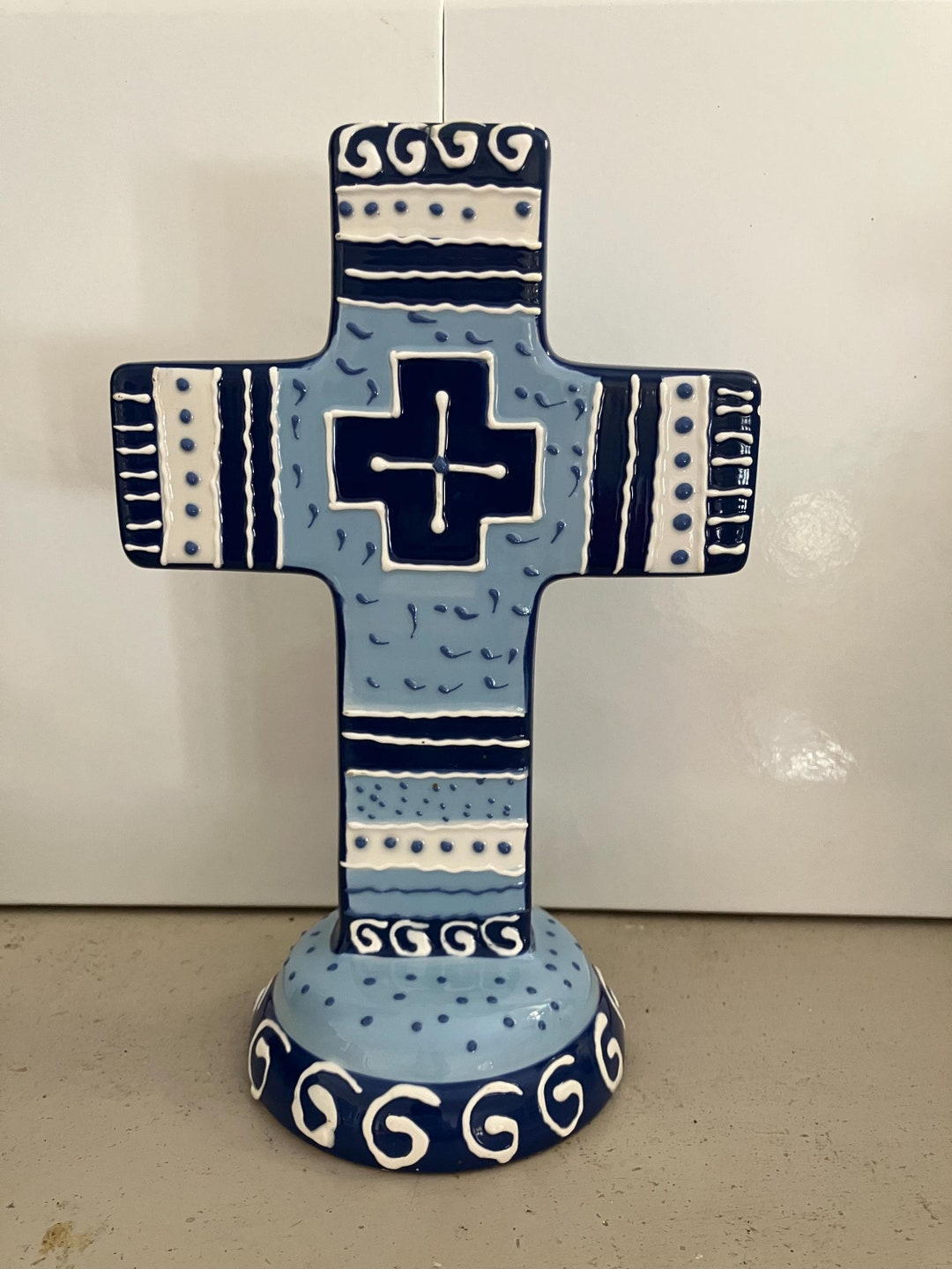 Vintage Blue and White Standing Ceramic Cross on Base, 9" High/6 ...