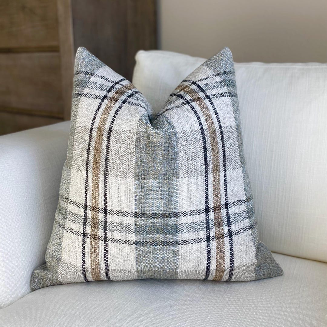 Spa Blue, Gold, Gray Plaid Check Throw Pillow Cover, USA Made, Cover ...