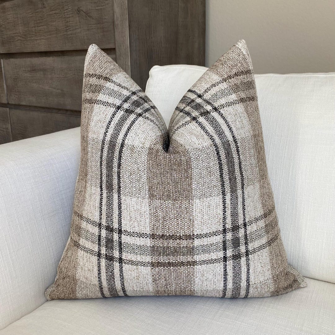 Beige, Gold, Gray Plaid Check Throw Pillow Cover, USA Made, Cover Only ...