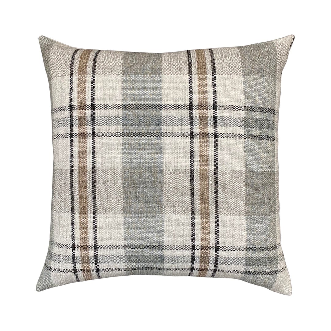 Spa Blue, Gold, Gray Plaid Check Throw Pillow Cover, USA Made, Cover ...