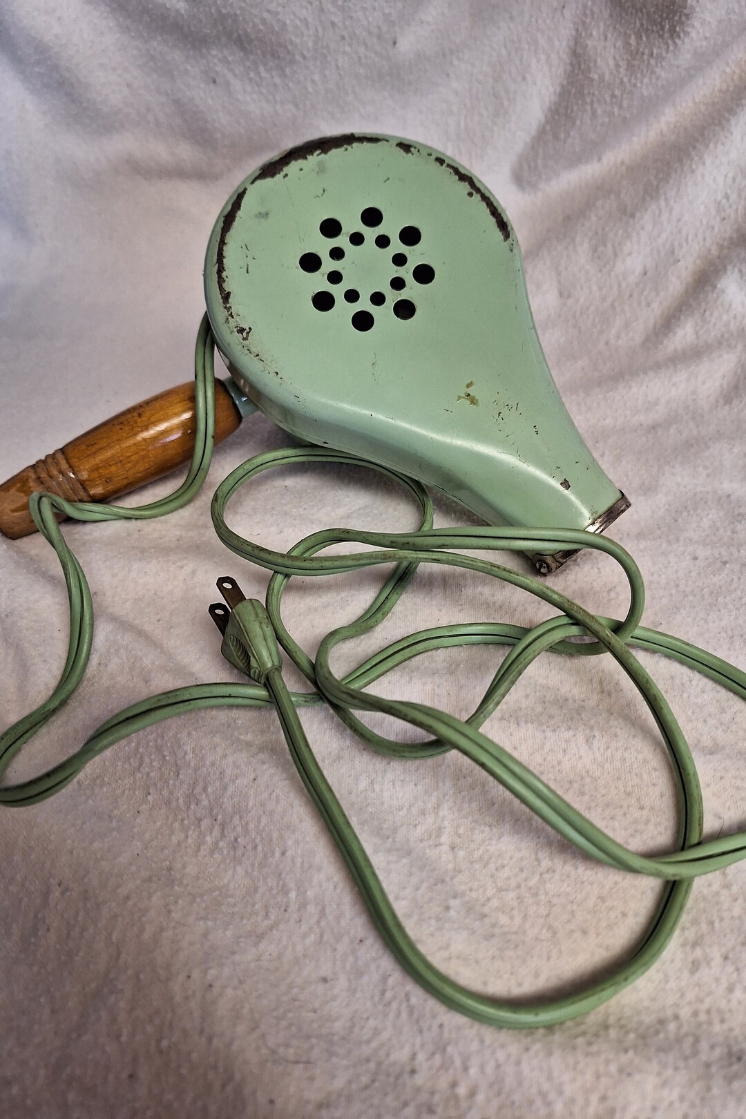 Vintage Metal Hair Blower Antique Green Wooden Handle Handy Hannah Hair ...