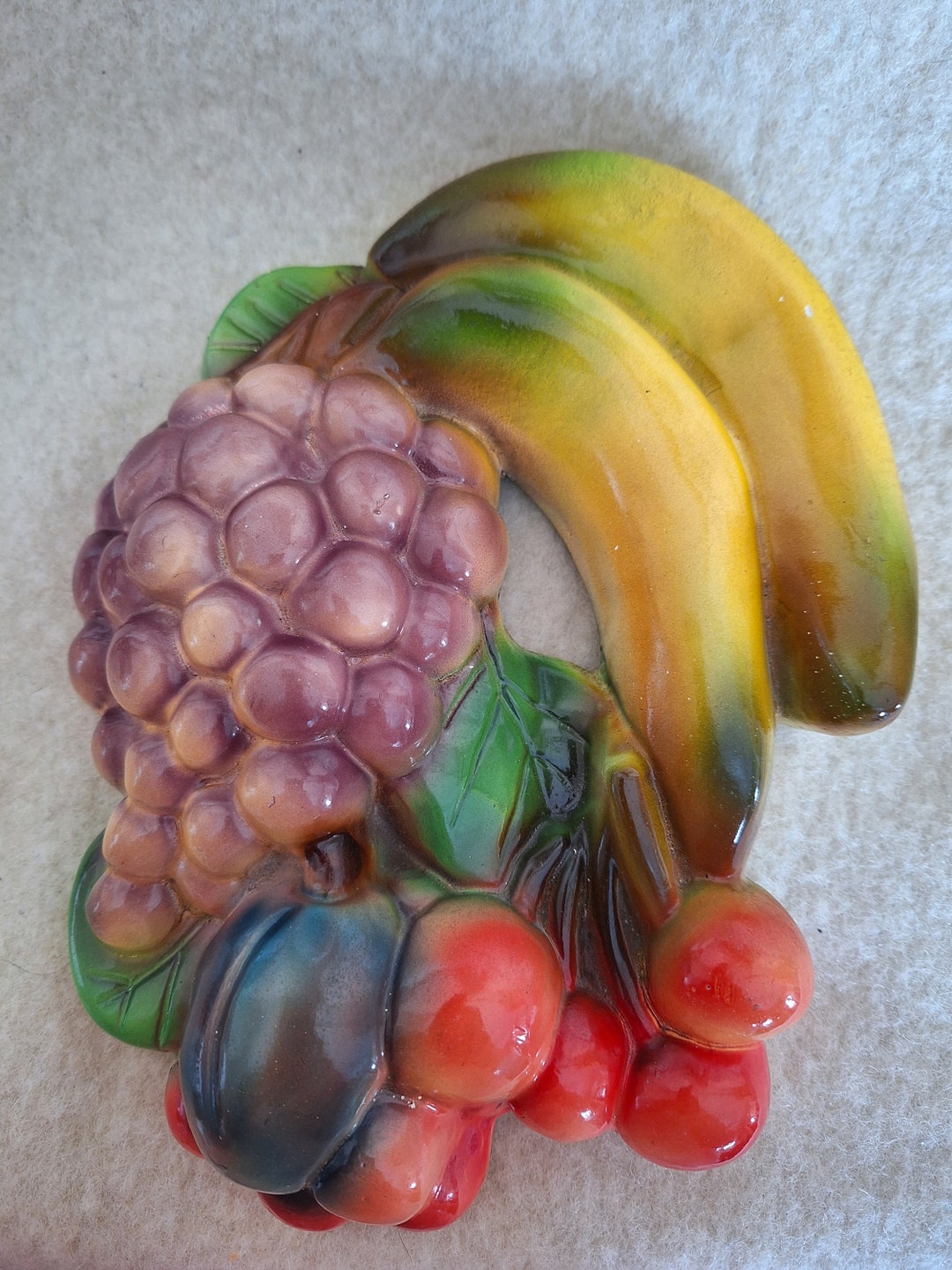 Vintage Chalkware Fruit Wall Plaque Bananas Grapes Cherries and Plum - Etsy
