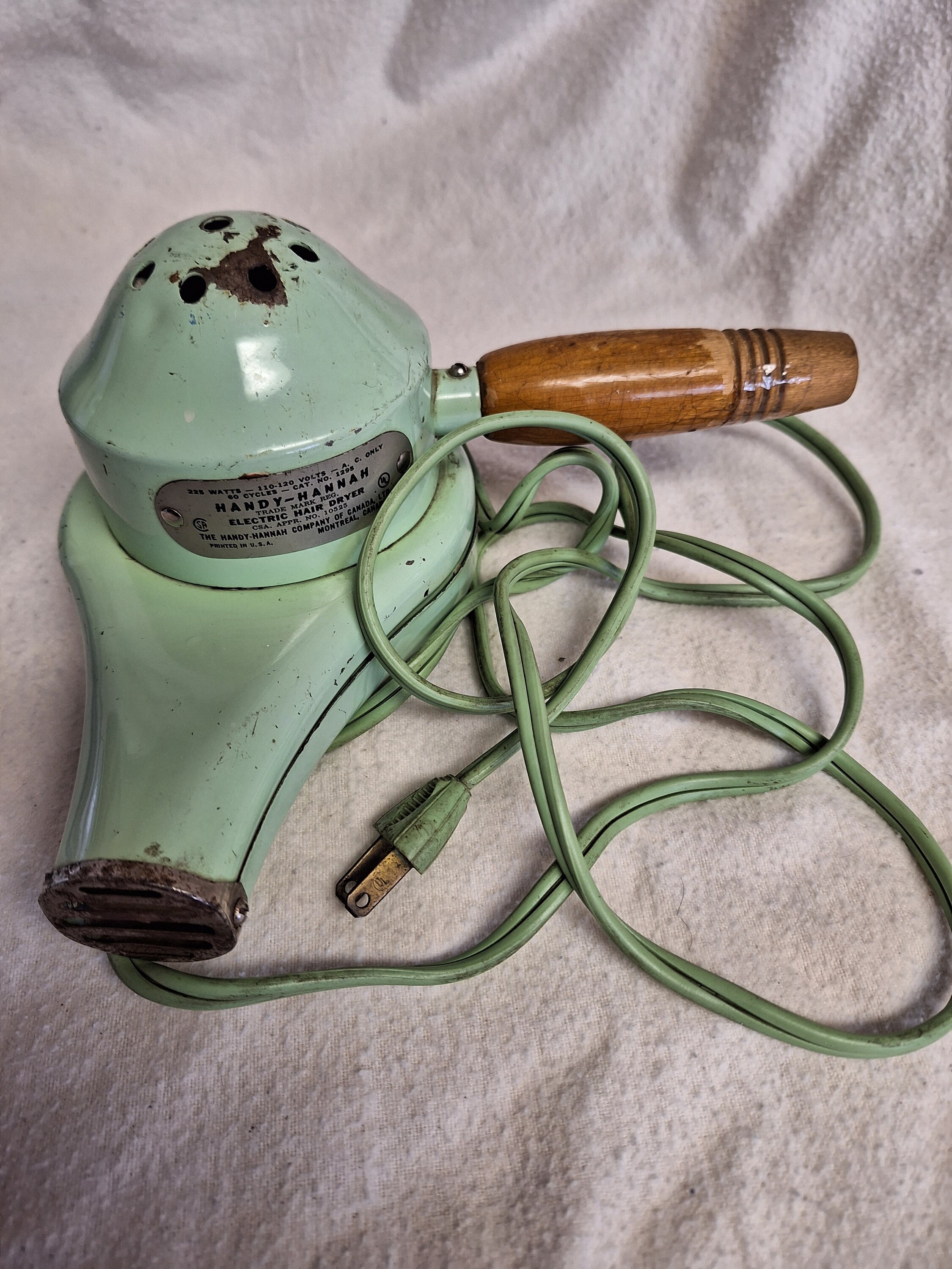 Vintage Metal Hair Blower Antique Green Wooden Handle Handy Hannah Hair ...