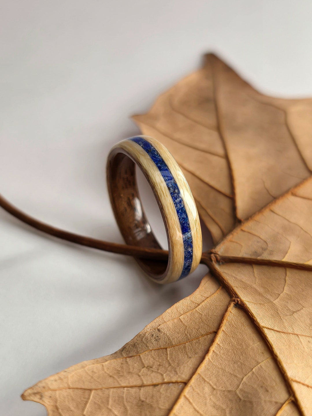 Maple Sky: Handcrafted Maple & Walnut Wood Ring With Lapis Lazuli Inlay ...