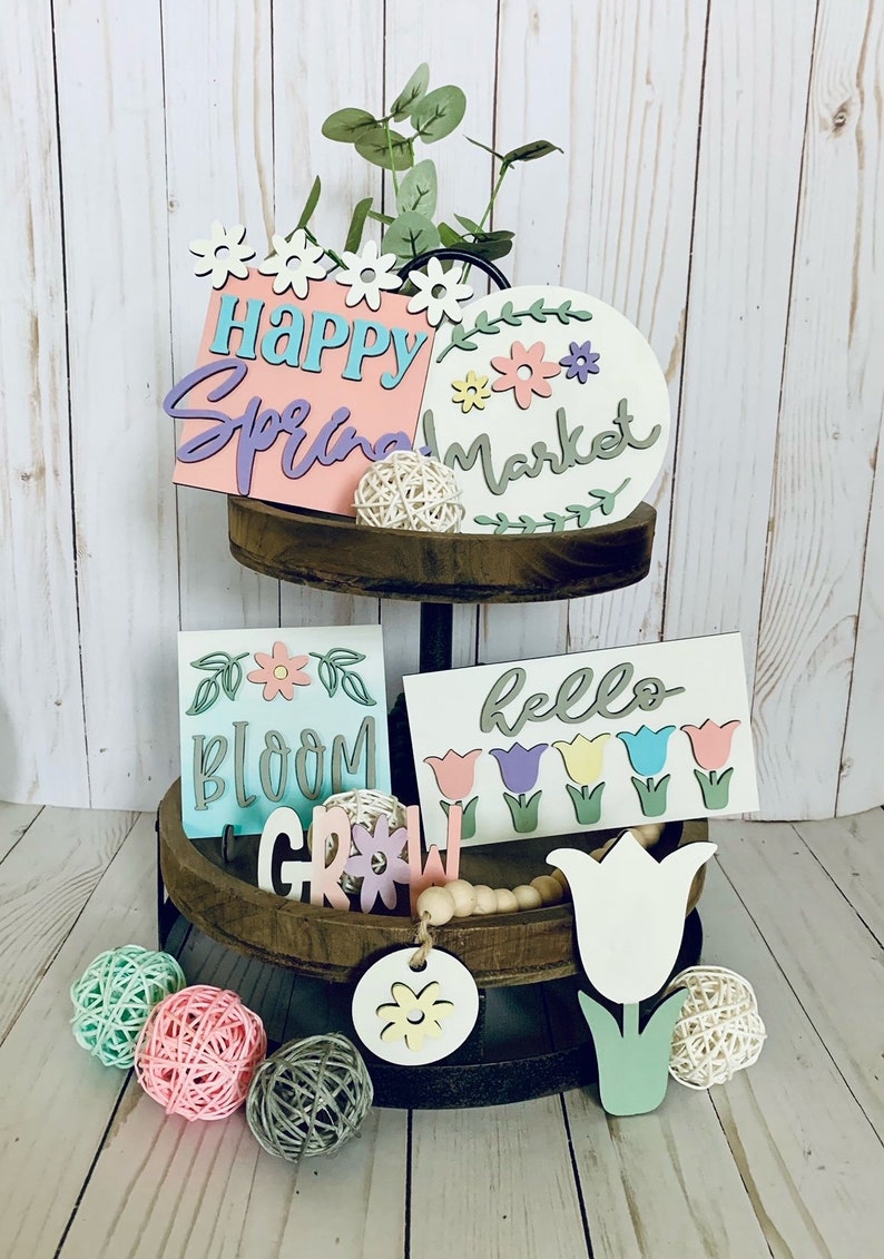 DIY Hello Spring - Bloom & Grow Themed Tiered Tray Decor Kit Bundle ...