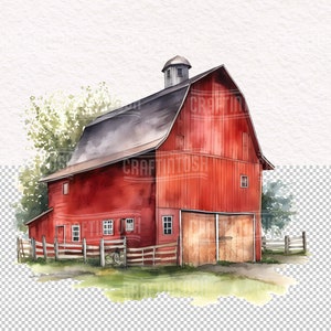 Red Farm Barn Clipart Watercolor Barn Traditional Farmers House ...