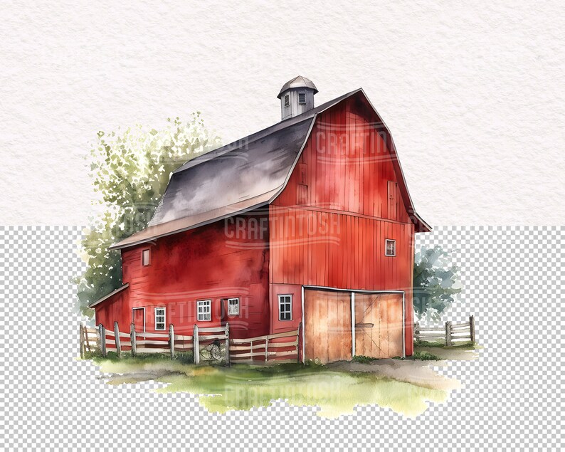 Red Farm Barn Clipart Watercolor Barn Traditional Farmers House ...
