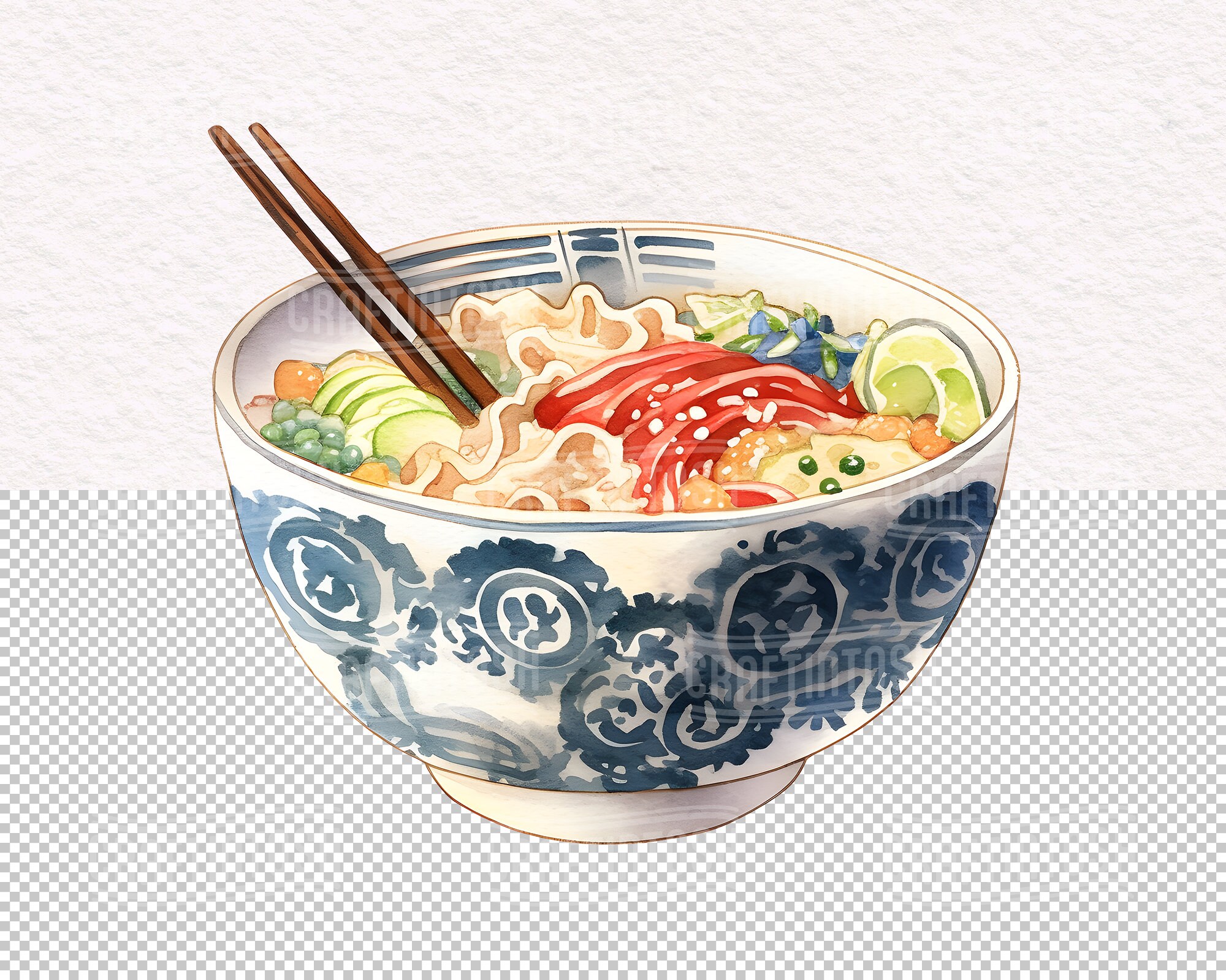 Watercolor Ramen Bowl Clipart - Transparent Traditional Food Clipart ...