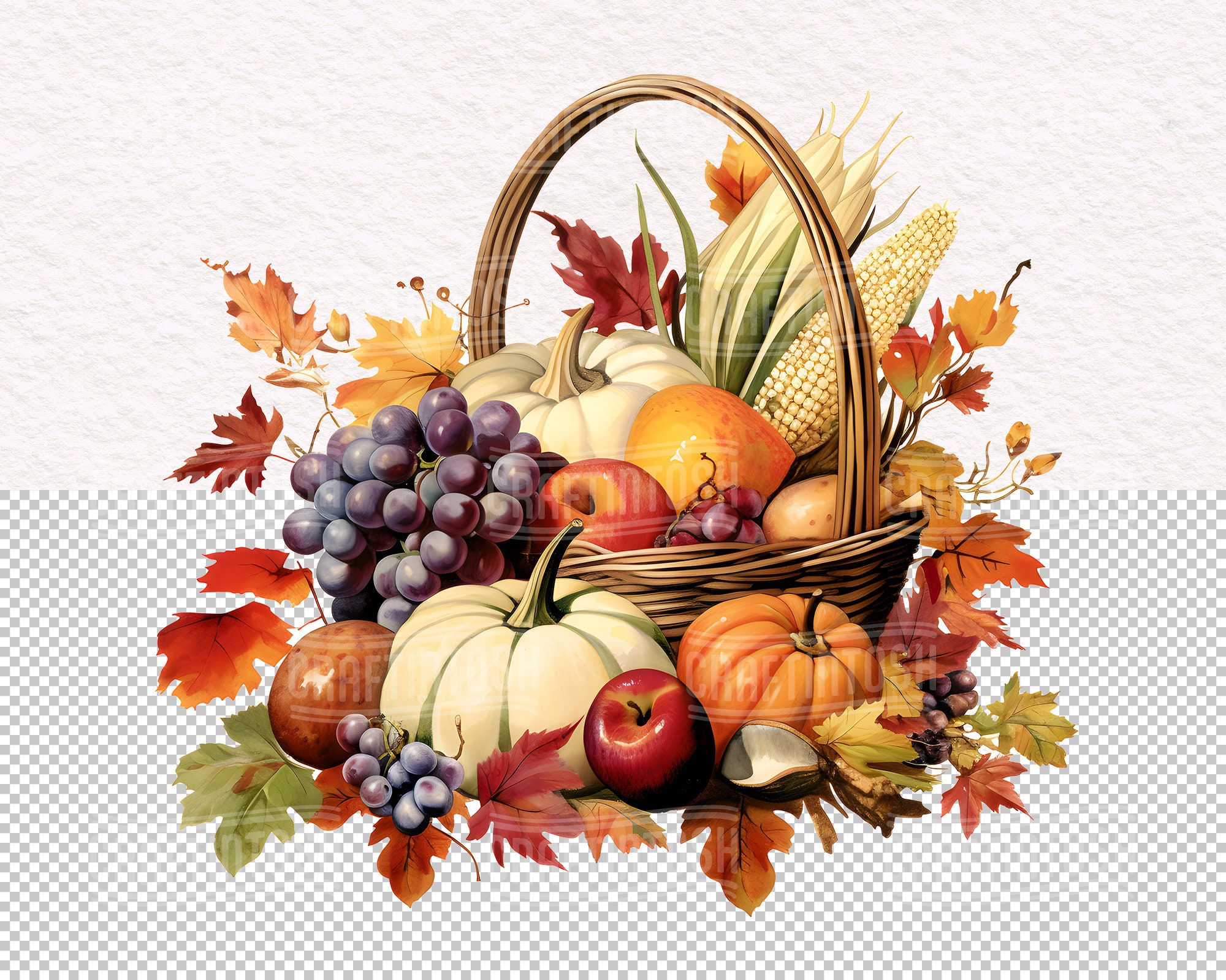 Watercolor Autumn Harvest Clipart - Fall Leaves PNG Mushrooms Cozy ...