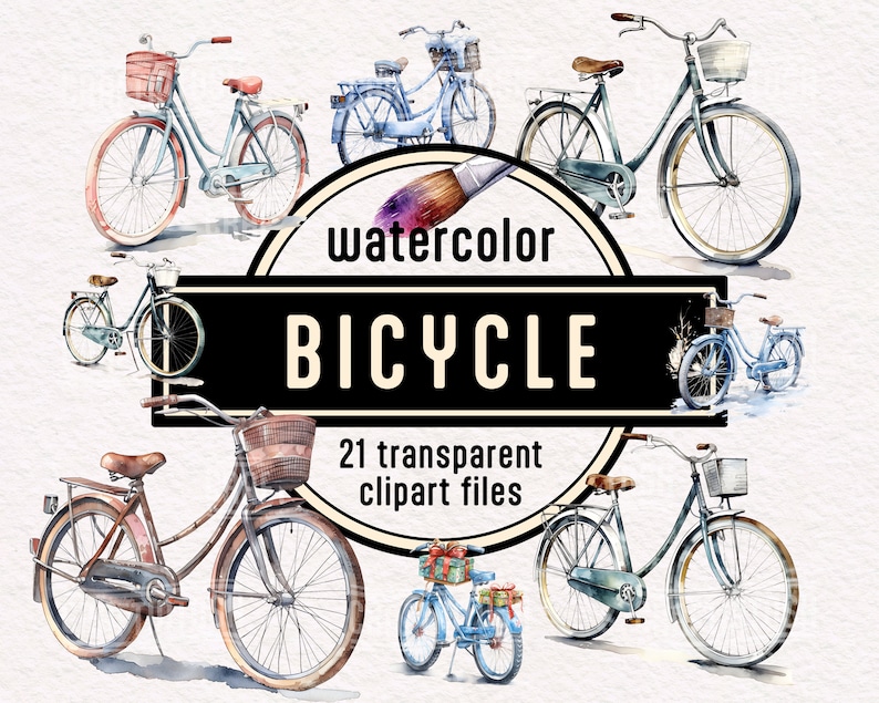 Watercolor Bicycle Clipart Pack: Transparent Floral Bicycle PNG Blue ...