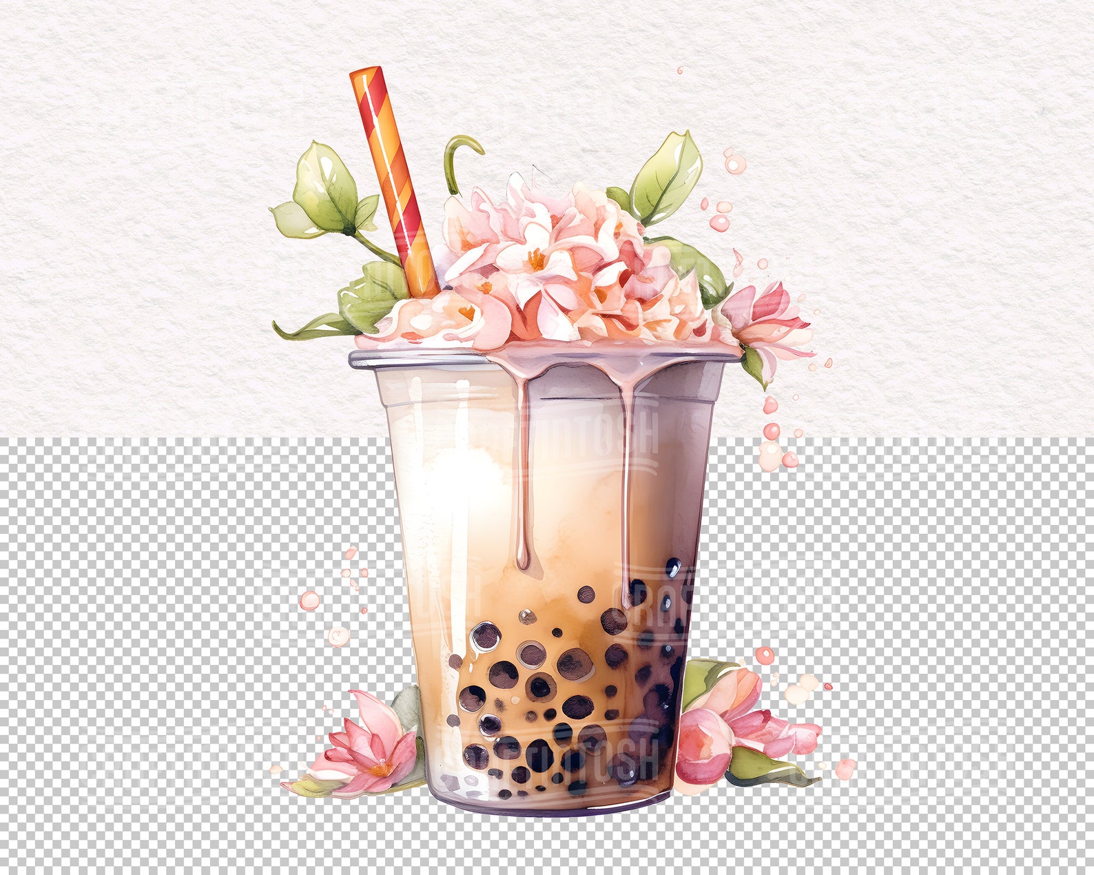 Watercolor Boba Tea Clipart - Bubble Tea PNG Tapioca Tea Boba Nai Cha ...