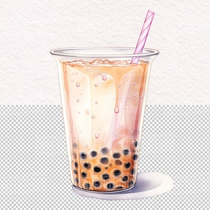 Watercolor Bubble Tea Clip Art Transparent Boba Tea PNG Popping Boba ...
