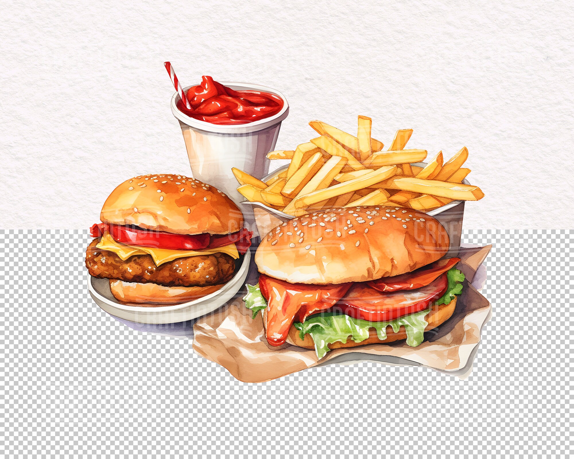 Watercolor Fast Food Clipart Burger Clipart French Fries Potato Chips ...