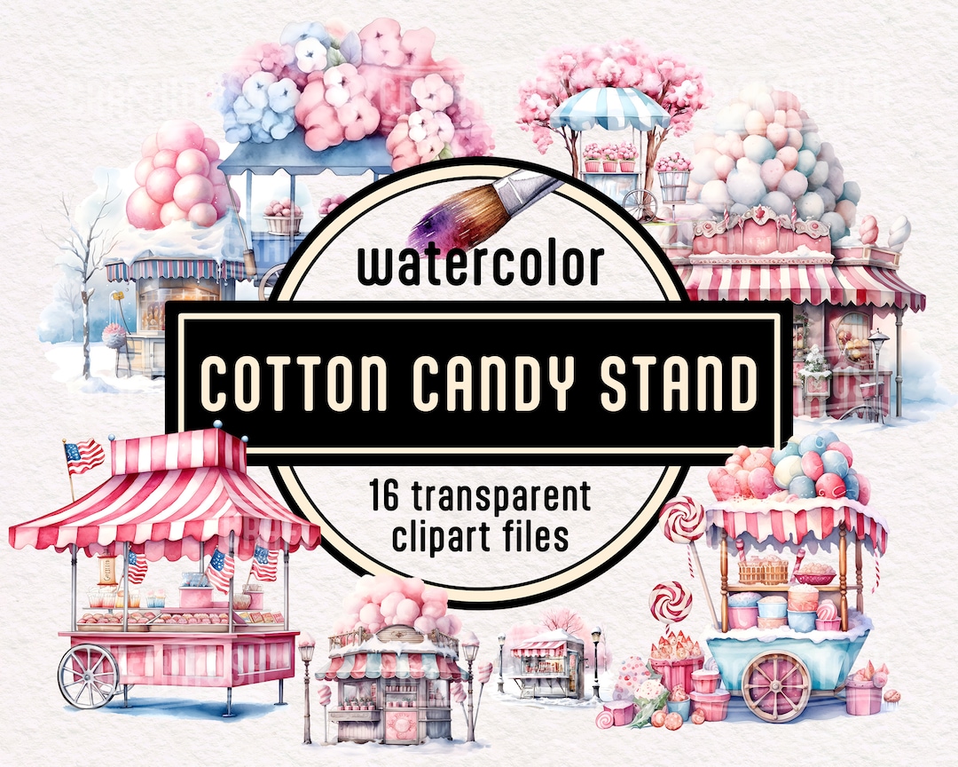 Watercolor Cotton Candy Shop Clipart Transparent Cotton Candy Stand PNG ...