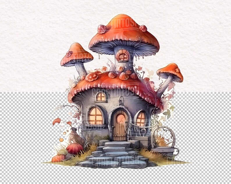 Watercolor Mushroom House Clipart Cute Fantasy Mushroom PNG Bundle ...