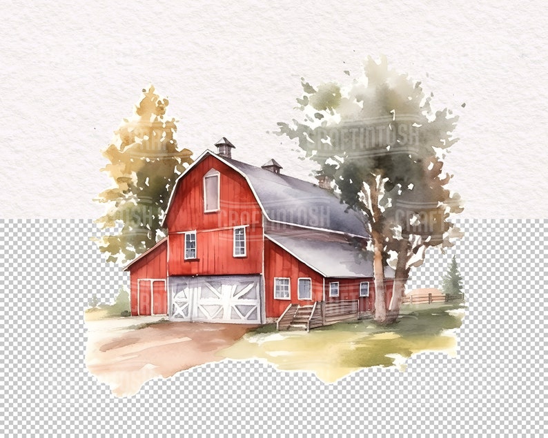 Red Farm Barn Clipart Watercolor Barn Traditional Farmers House ...