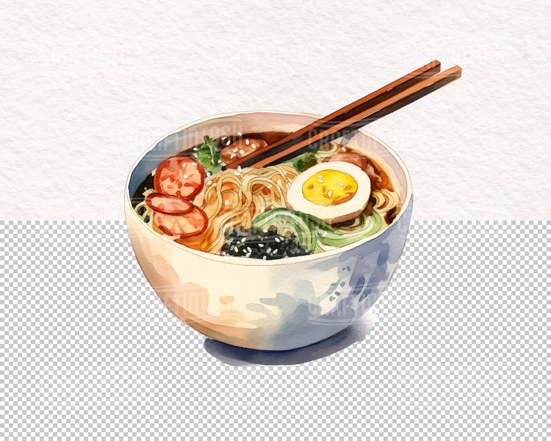 Watercolor Ramen Bowl Clipart - Transparent Traditional Food Clipart ...