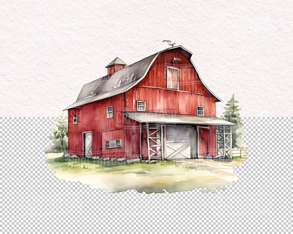 Red Farm Barn Clipart Watercolor Barn Traditional Farmers House ...