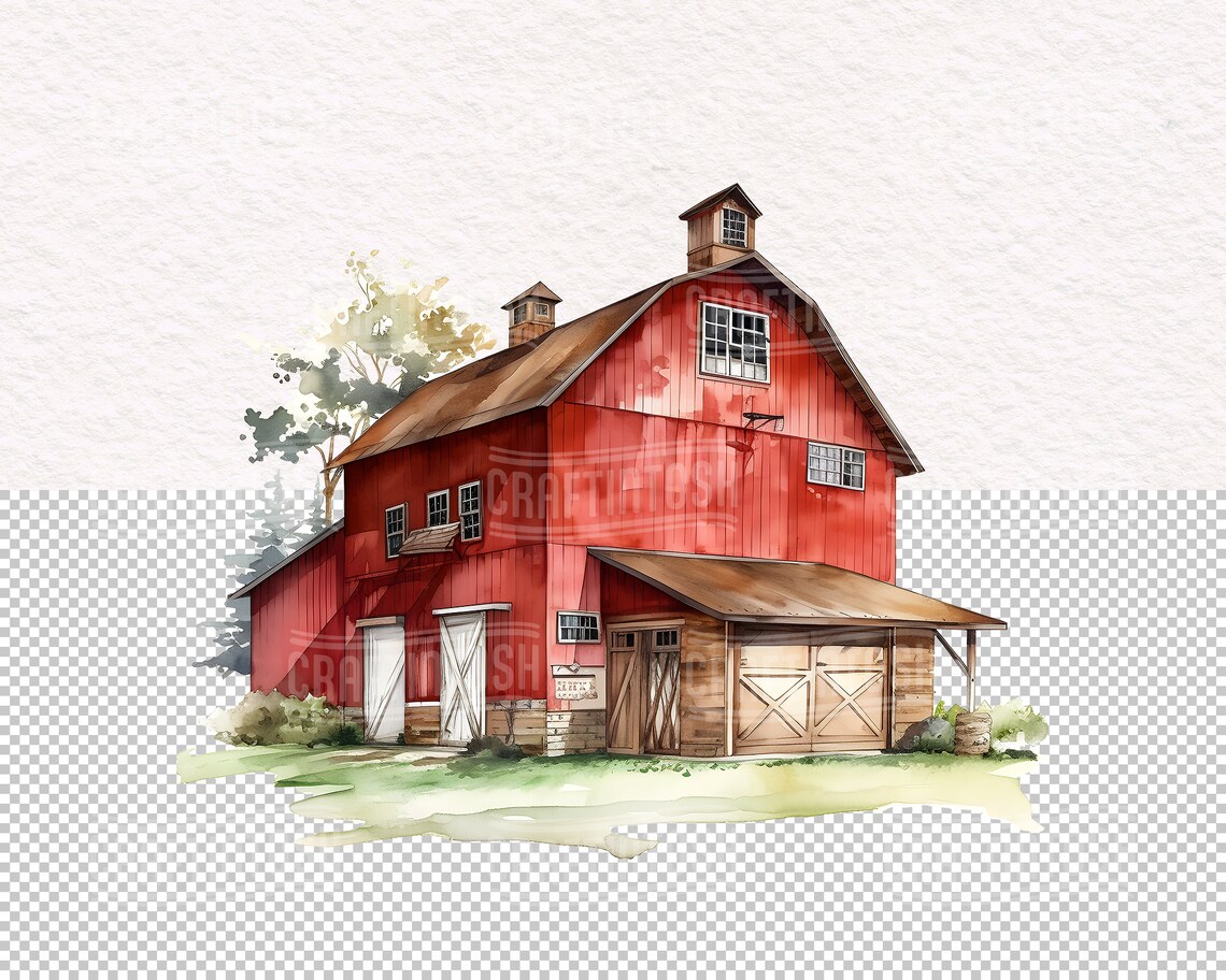 Red Farm Barn Clipart Watercolor Barn Traditional Farmers House ...