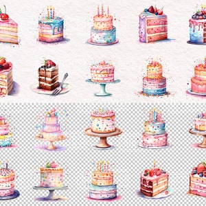 Watercolor Birthday Cake Clipart PNG Set Digital Graphics Instant ...